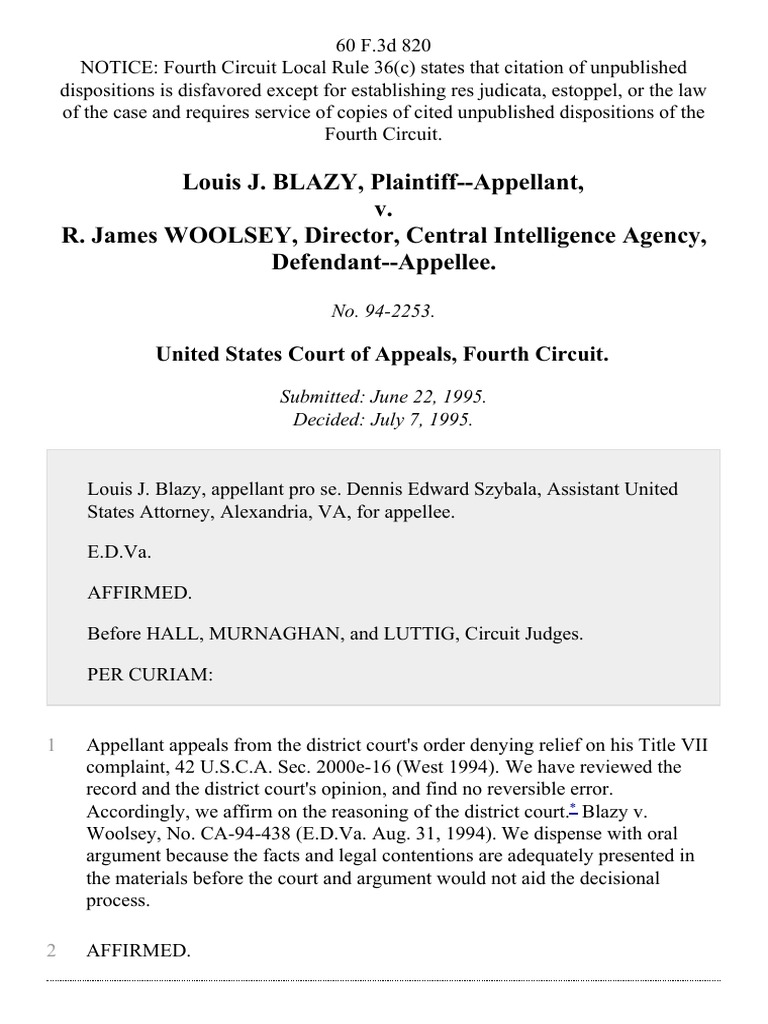 Louis J. Blazy v. R. James Woolsey, Director, Central Intelligence ...