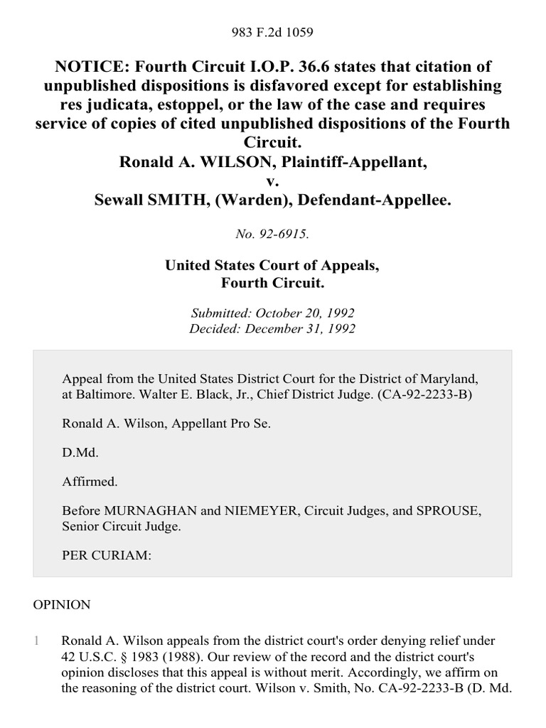 Ronald A. Wilson v. Sewall Smith, (Warden), 983 F.2d 1059, 4th Cir ...