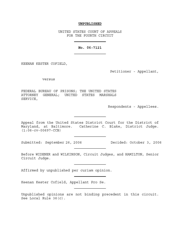 Cofield v. Federal Bureau Prisons, 4th Cir. (2006) | PDF | Law