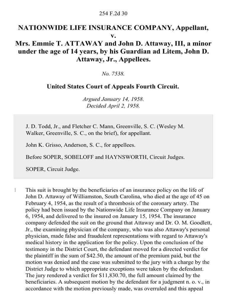 Nationwide Life Insurance Company v. Mrs. Emmie T. Attaway and John D ...