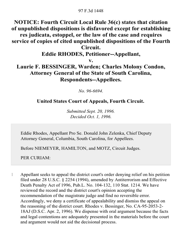 Eddie Rhodes v. Laurie F. Bessinger, Warden Charles Molony Condon, Attorney General of The State ...
