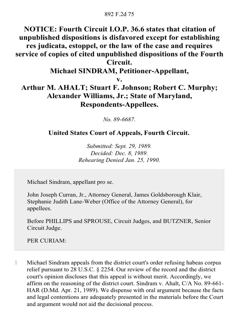 Michael Sindram v. Arthur M. Ahalt Stuart F. Johnson Robert C. Murphy ...