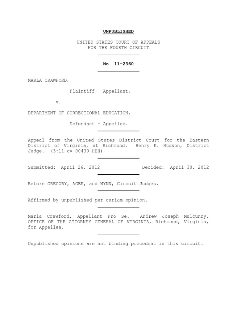 Marla Crawford v. Dep't of Correctional Education, 4th Cir. (2012 ...