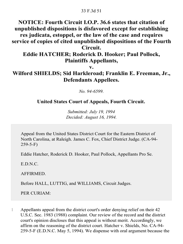 Eddie Hatcher Roderick D. Hooker Paul Pollock v. Wilford Shields Sid ...