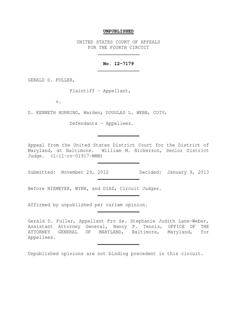 Gerald Fuller v. D. Horning, 4th Cir. (2013) | PDF | Politics