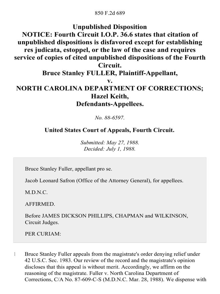 Bruce Stanley Fuller v. North Carolina Department of Corrections Hazel ...