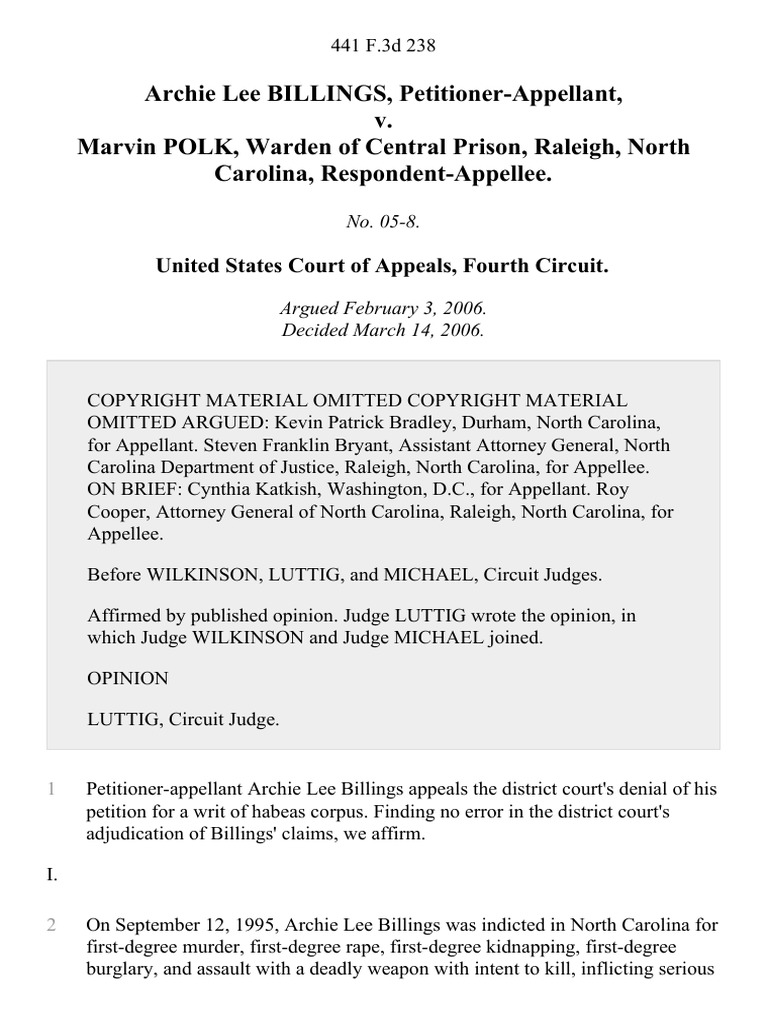 Archie Lee Billings v. Marvin Polk, Warden of Central Prison, Raleigh ...