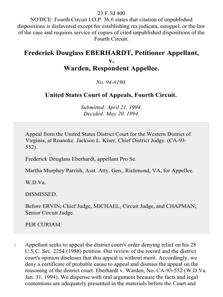Eberhardt v. Warden Appeal Dismissed | PDF | Politics | Law