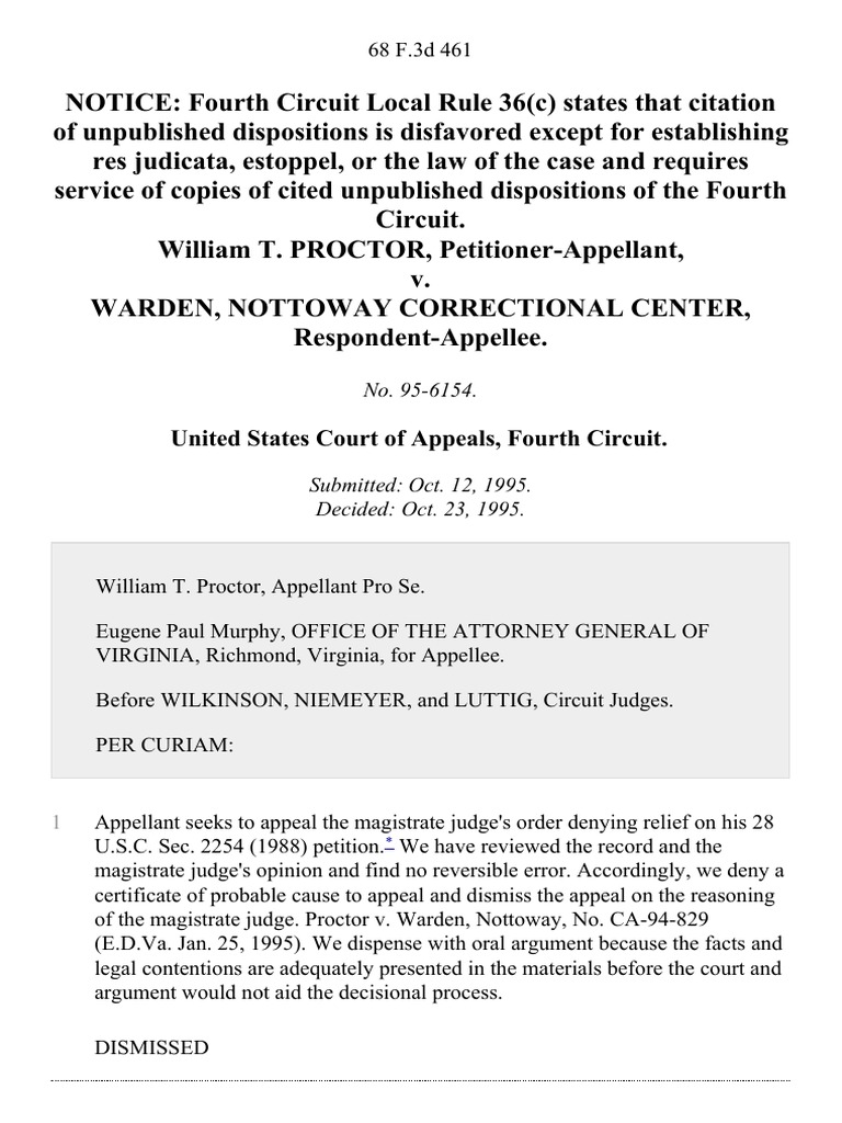 William T. Proctor v. Warden, Nottoway Correctional Center, 68 F.3d 461 ...