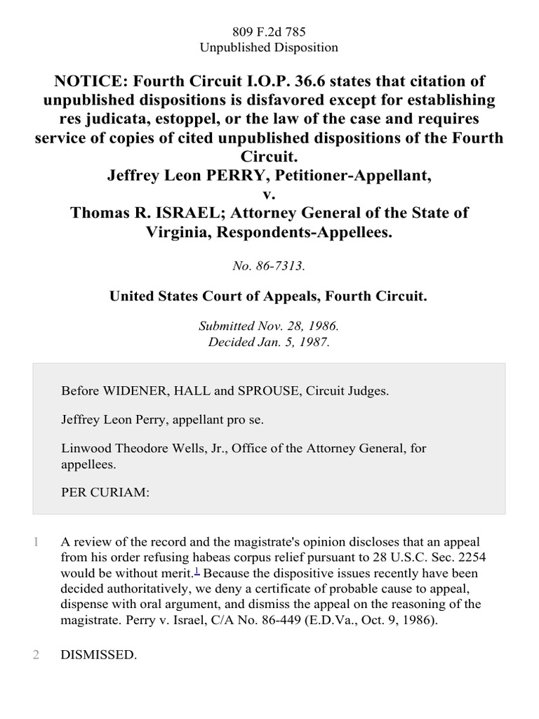 Jeffrey Leon Perry v. Thomas R. Israel Attorney General of The State of ...