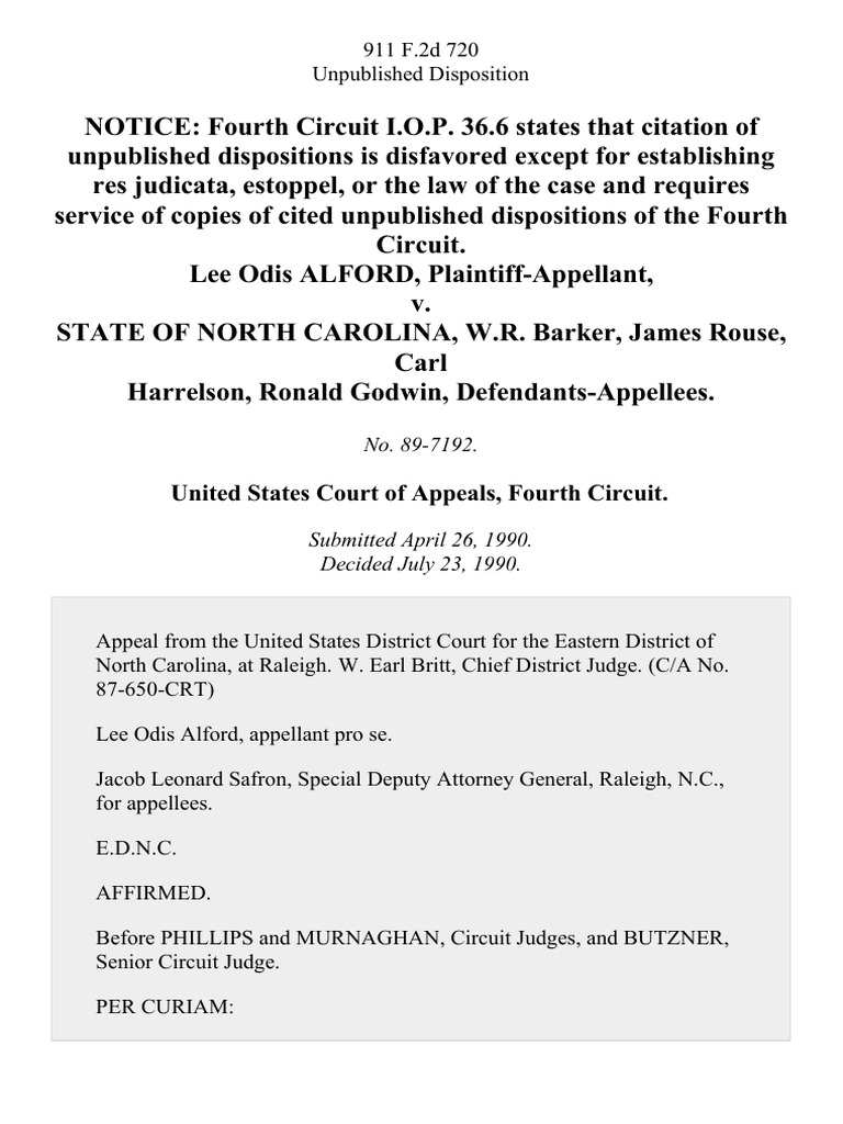 Lee Odis Alford v. State of North Carolina, W.R. Barker, James Rouse ...