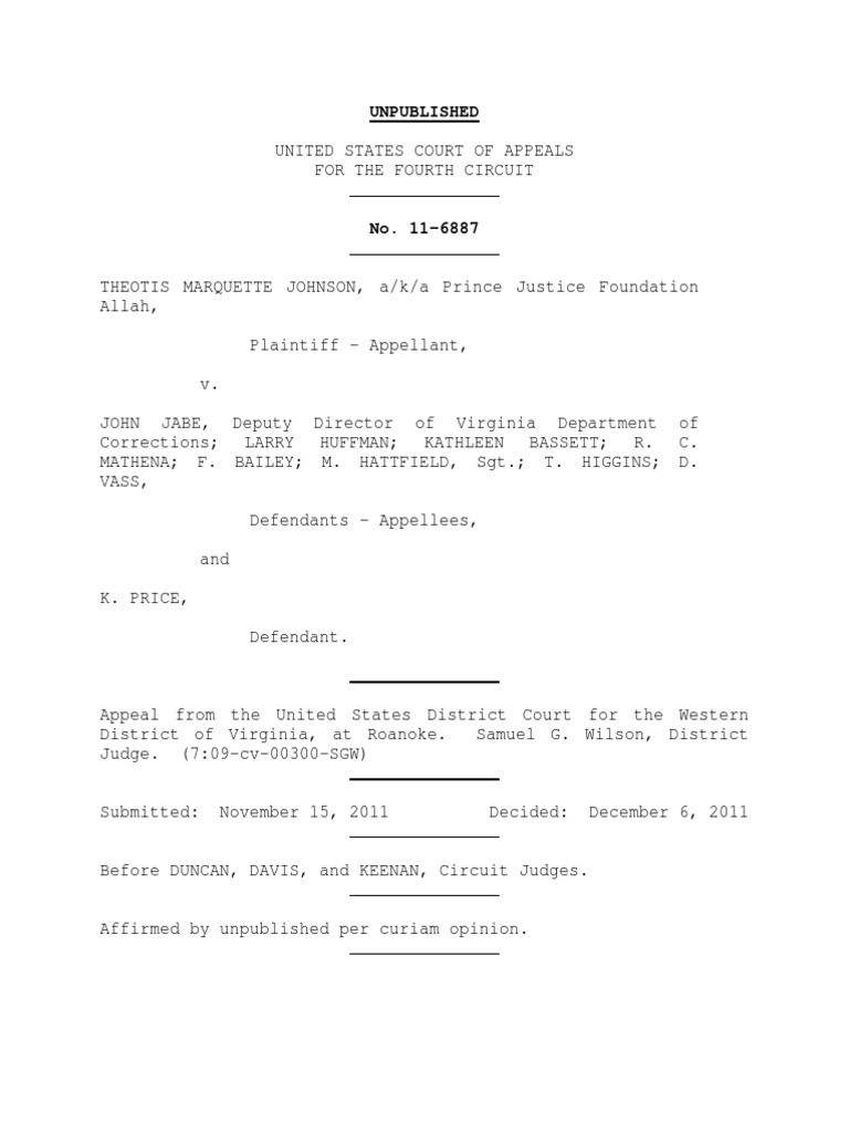 Theotis Johnson v. John Jabe, 4th Cir. (2011) | PDF | Law