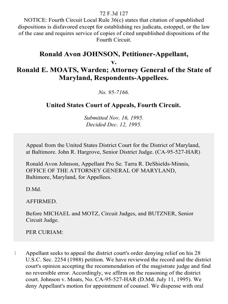 Ronald Avon Johnson v. Ronald E. Moats, Warden Attorney General of The State of Maryland, 72 F ...