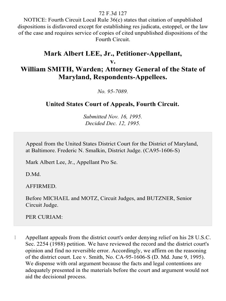 Mark Albert Lee, Jr. v. William Smith, Warden Attorney General of The ...