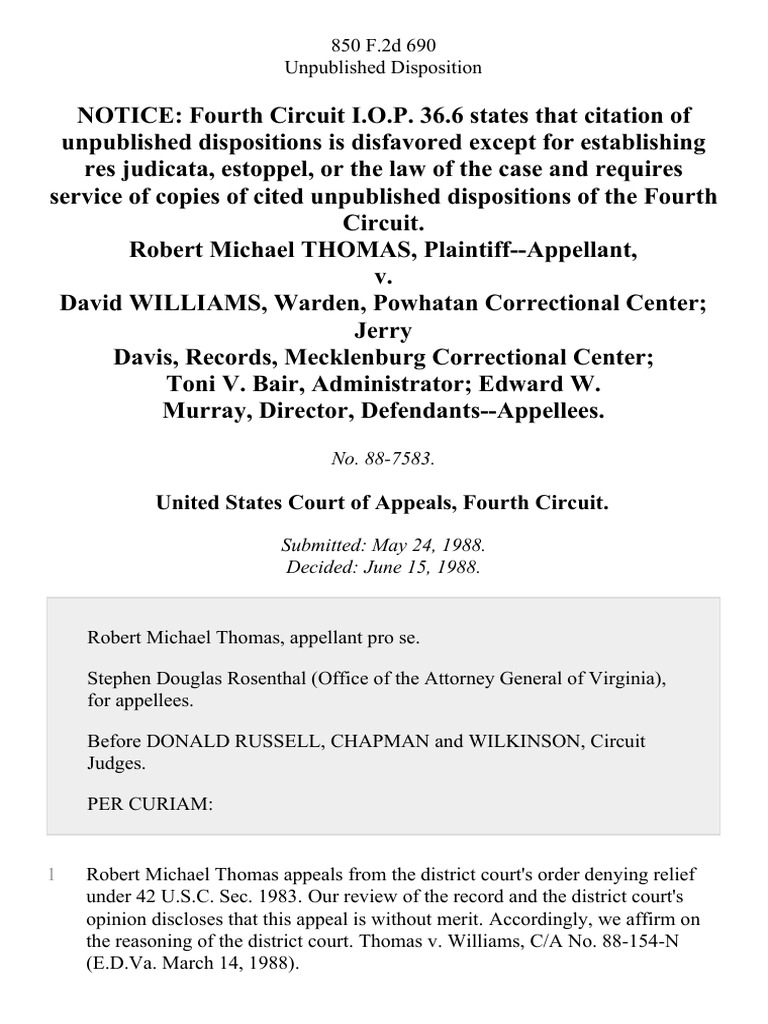 Fourth Circuit Ruling on Thomas v. Williams | PDF | Law