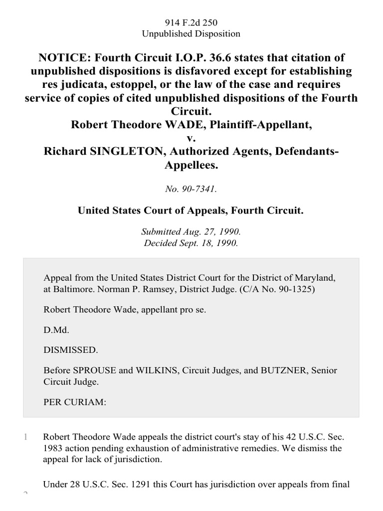 Robert Theodore Wade v. Richard Singleton, Authorized Agents, 914 F.2d ...