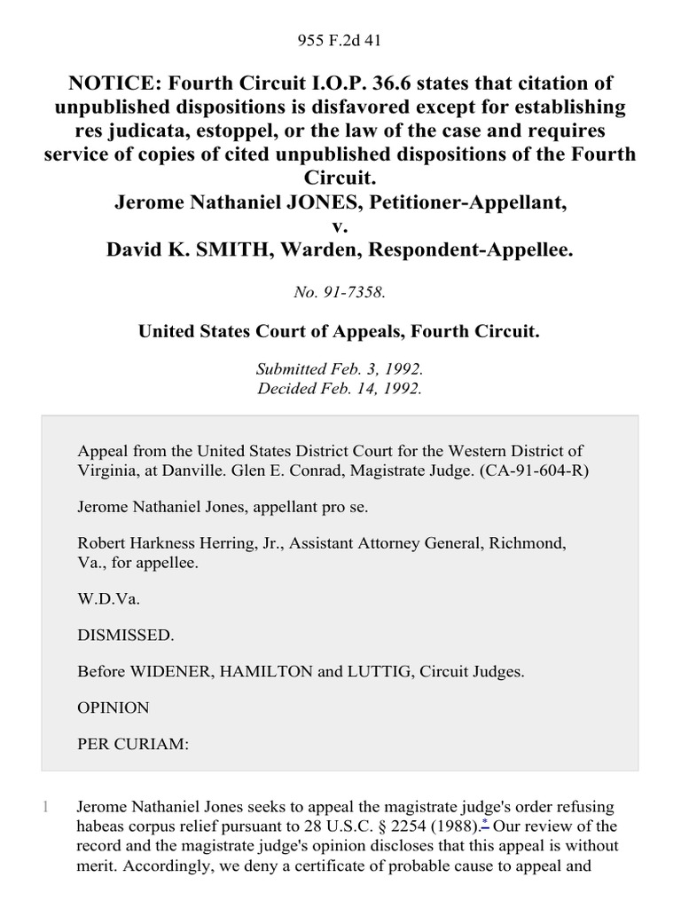 Jerome Nathaniel Jones v. David K. Smith, Warden, 955 F.2d 41, 4th Cir ...
