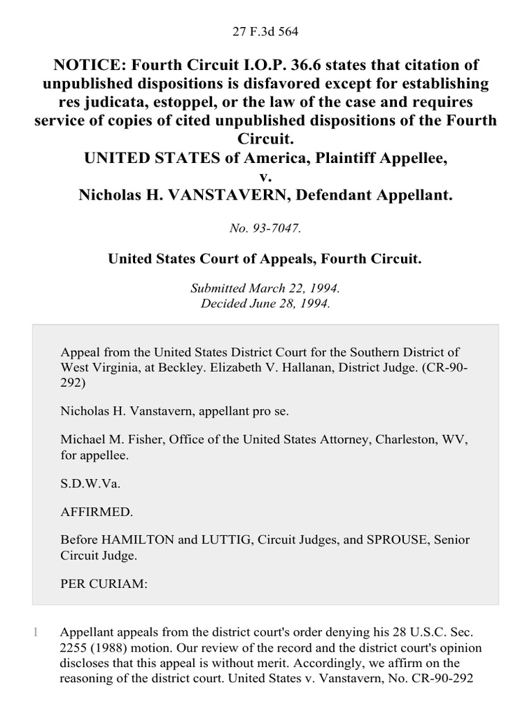 United States v. Nicholas H. Vanstavern, 27 F.3d 564, 4th Cir. (1994) | PDF