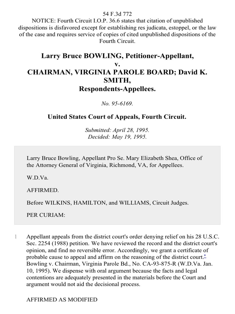 Larry Bruce Bowling v. Chairman, Virginia Parole Board David K. Smith ...