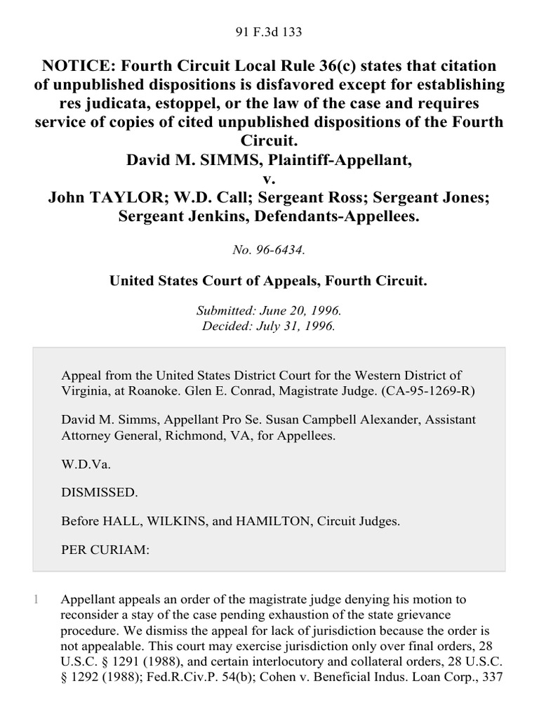 David M. Simms v. John Taylor W.D. Call Sergeant Ross Sergeant Jones ...