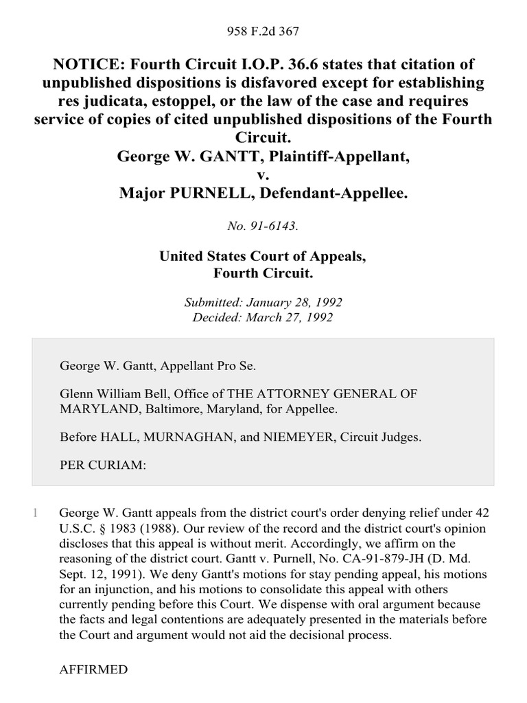 George W. Gantt v. Major Purnell, 958 F.2d 367, 4th Cir. (1992) | PDF