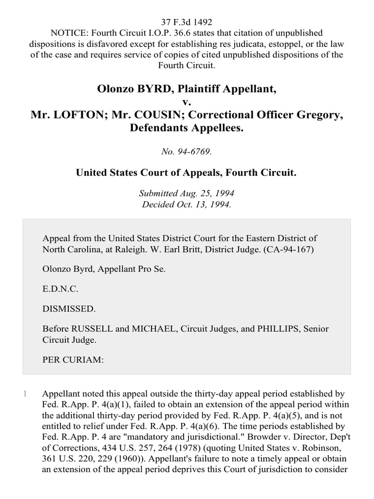 Olonzo Byrd v. Mr. Lofton Mr. Cousin Correctional Officer Gregory, 37 F.3d 1492, 4th Cir. (1994 ...