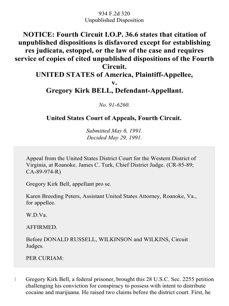United States v. Gregory Kirk Bell, 934 F.2d 320, 4th Cir. (1991) | PDF ...
