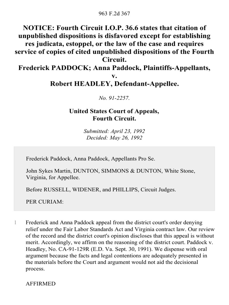 Frederick Paddock Anna Paddock v. Robert Headley, 963 F.2d 367, 4th Cir ...