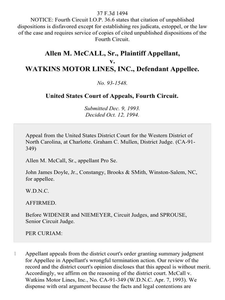 Allen M. McCall Sr. v. Watkins Motor Lines, Inc., 37 F.3d 1494, 4th Cir ...