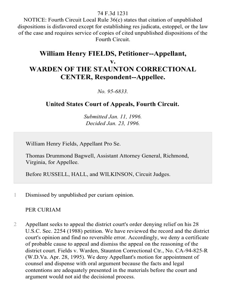William Henry Fields v. Warden of The Staunton Correctional Center, 74 F.3d 1231, 4th Cir. (1996 ...