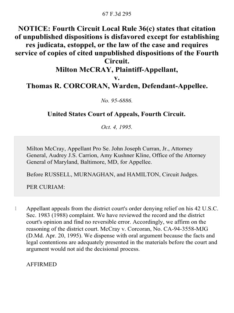 Milton McCray v. Thomas R. Corcoran, Warden, 67 F.3d 295, 4th Cir ...