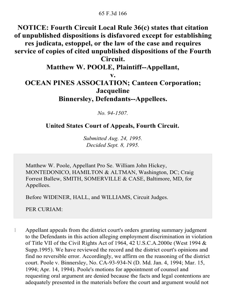Matthew W. Poole v. Ocean Pines Association Canteen Corporation ...