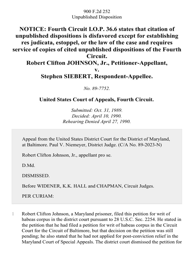 Robert Clifton Johnson, Jr. v. Stephen Siebert, 900 F.2d 252, 4th Cir ...