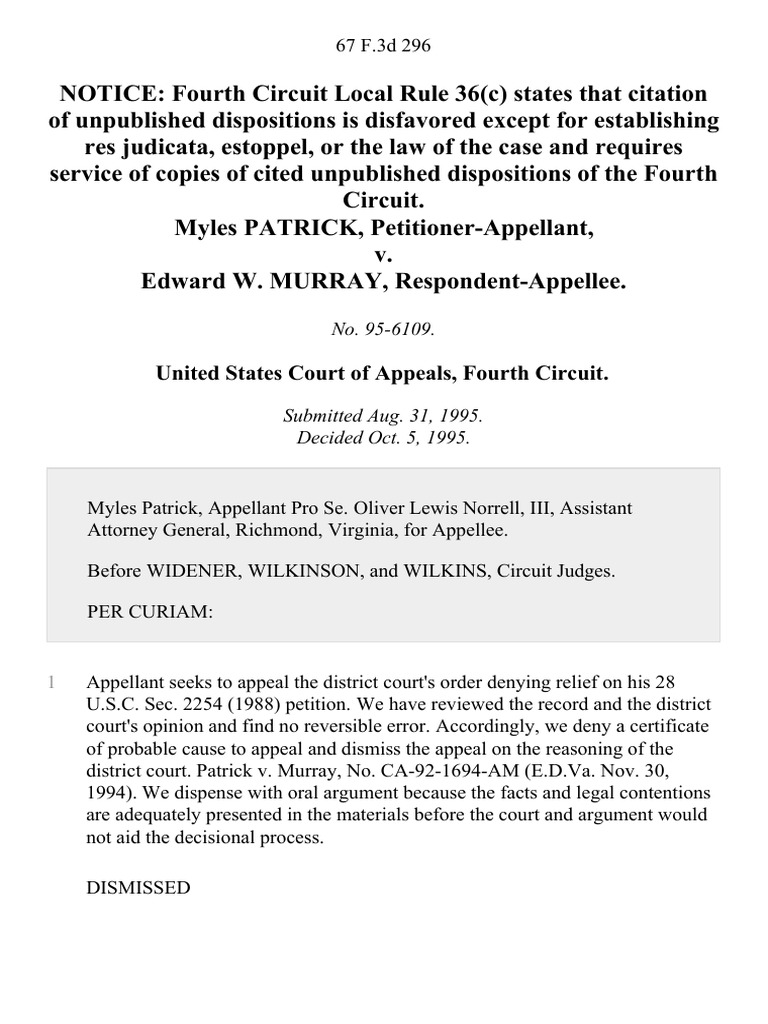 Myles Patrick v. Edward W. Murray, 67 F.3d 296, 4th Cir. (1995) | PDF