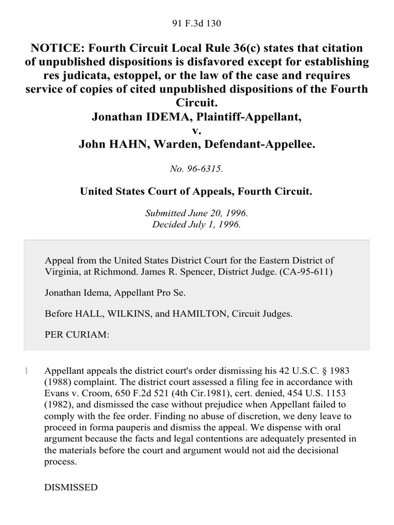 Jonathan Idema v. John Hahn, Warden, 91 F.3d 130, 4th Cir. (1996) | PDF