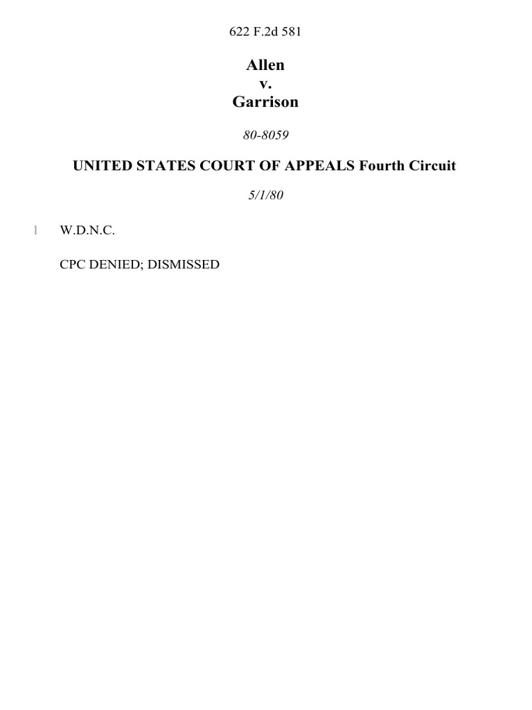 Allen v. Garrison, 622 F.2d 581, 4th Cir. (1980) | PDF