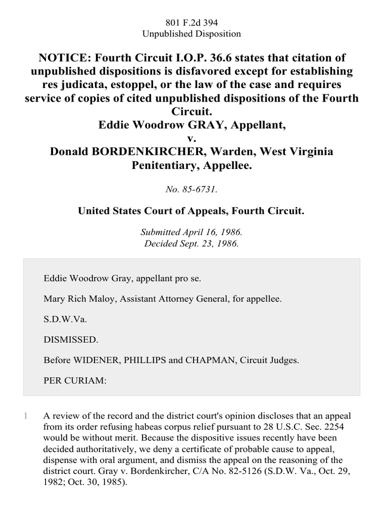 Eddie Woodrow Gray v. Donald Bordenkircher, Warden, West Virginia ...