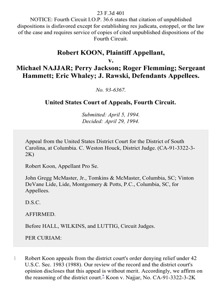 Robert Koon v. Michael Najjar Perry Jackson Roger Flemming Sergeant Hammett Eric Whaley J ...