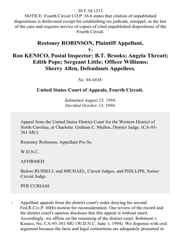Restoney Robinson v. Ron Kenico, Postal Inspector B.T. Brooks Angela ...