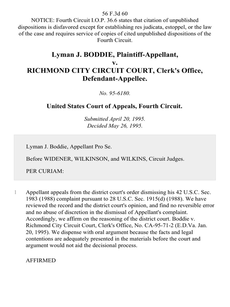 Lyman J. Boddie v. Richmond City Circuit Court, Clerk's Office, 56 F.3d ...