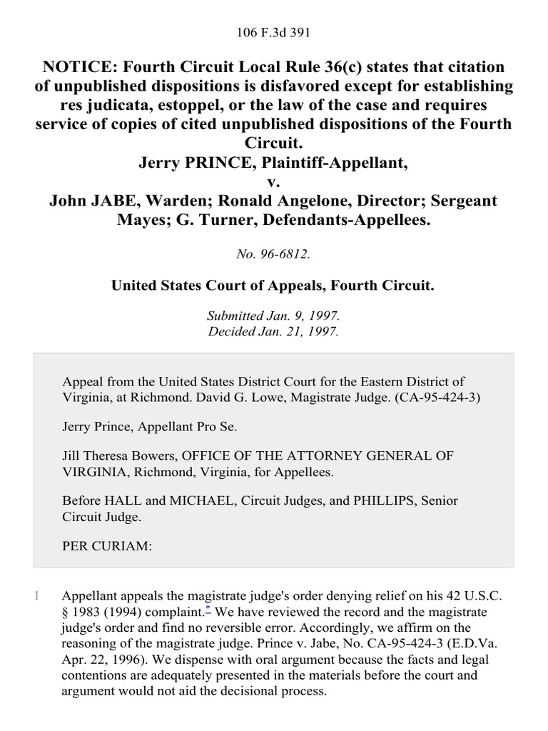 Jerry Prince v. John Jabe, Warden Ronald Angelone, Director Sergeant ...