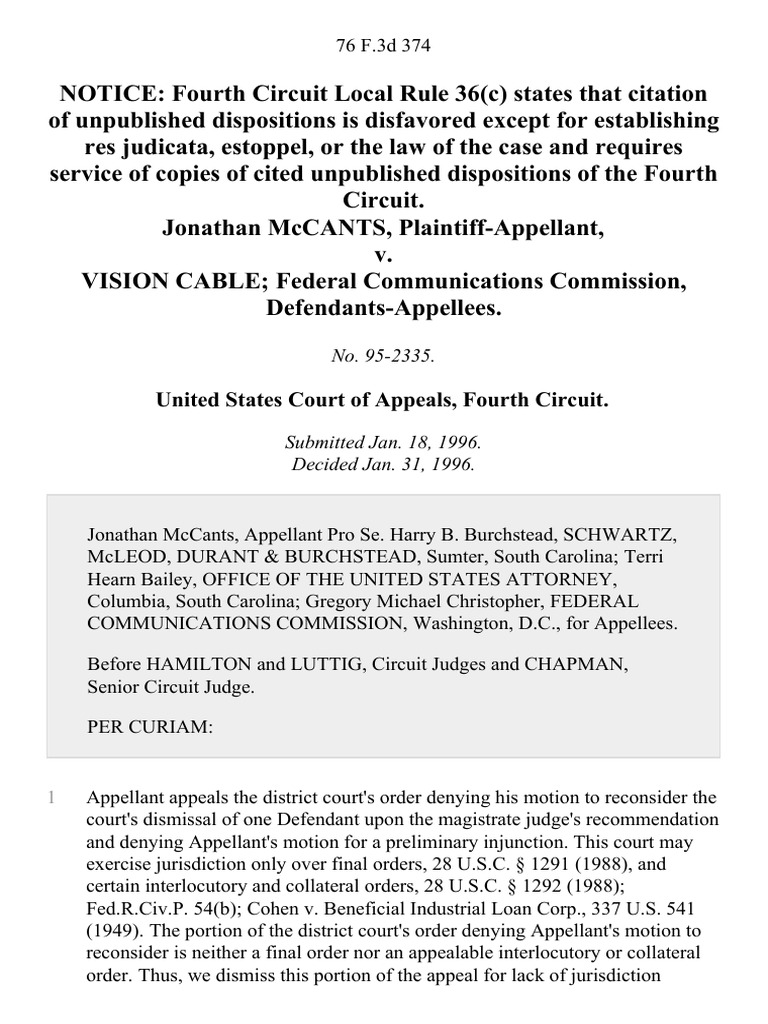 Jonathan McCants v. Vision Cable Federal Communications Commission, 76 F.3d 374, 4th Cir. (1996 ...