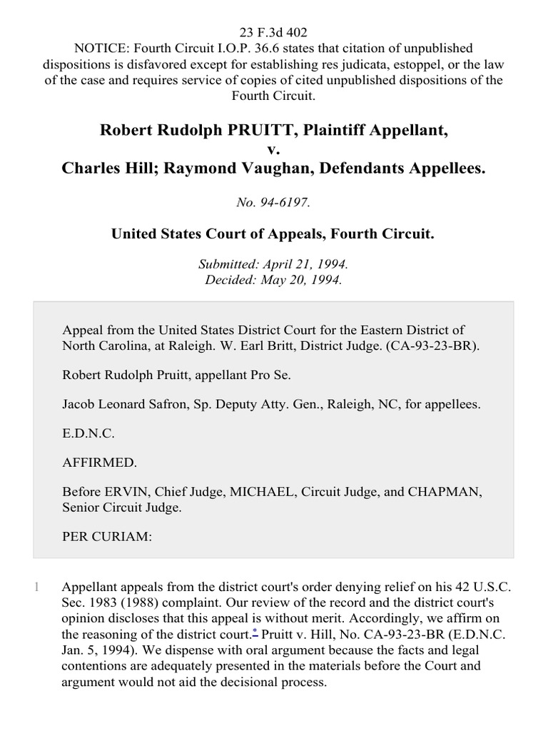 Robert Rudolph Pruitt v. Charles Hill Raymond Vaughan, 23 F.3d 402, 4th ...