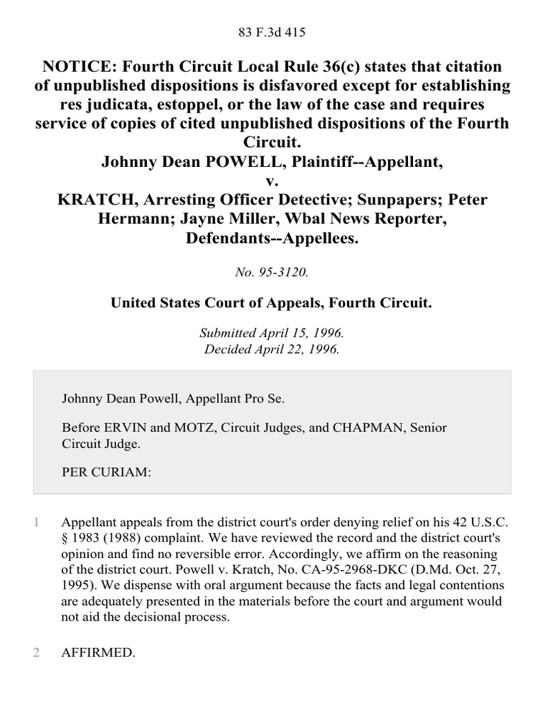 Johnny Dean Powell v. Kratch, Arresting Officer Detective Sunpapers ...