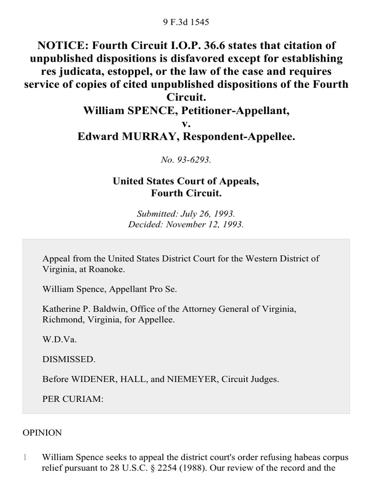 William Spence v. Edward Murray, 9 F.3d 1545, 4th Cir. (1993) | PDF