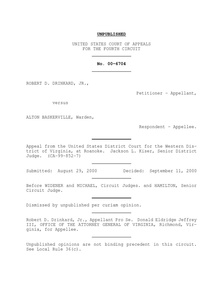 Drinkard v. Baskerville, 4th Cir. (2000) | PDF | Sports & Recreation