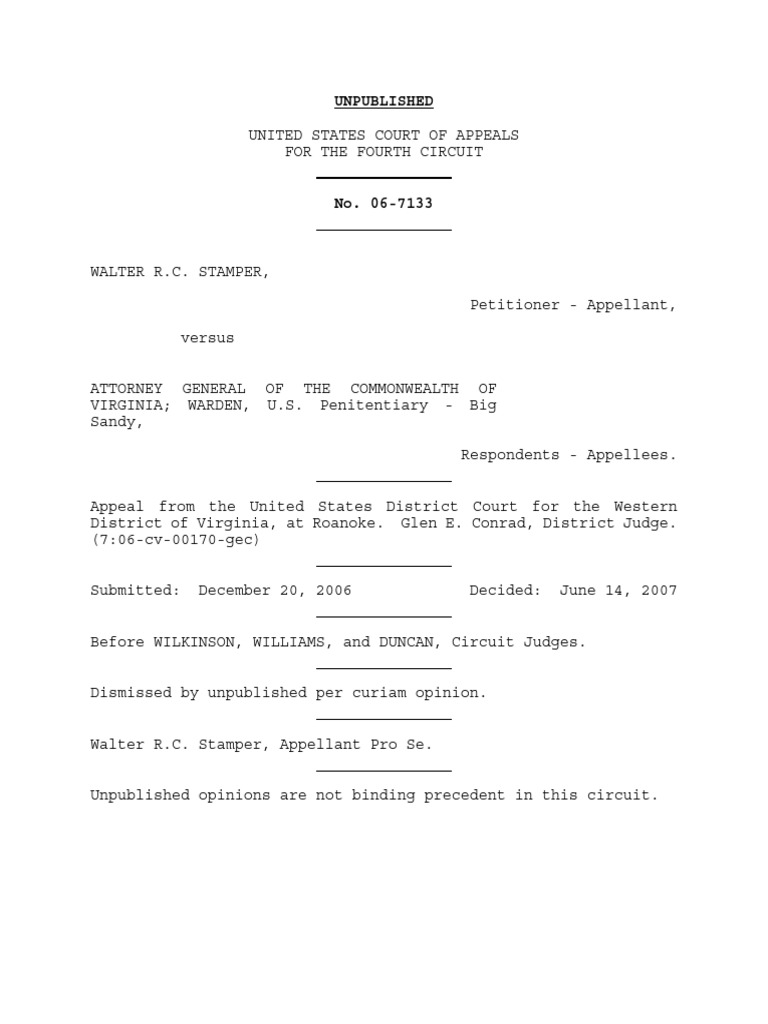 Stamper v. Attorney General VA, 4th Cir. (2007) | PDF | Law