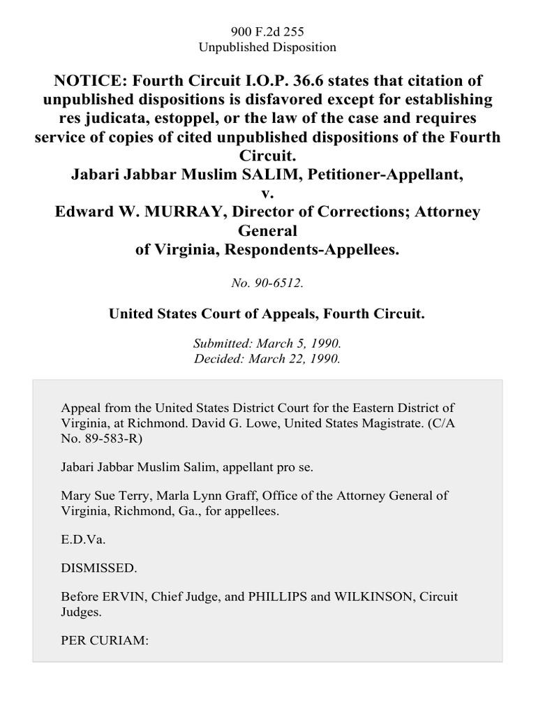 Jabari Jabbar Muslim Salim v. Edward W. Murray, Director of Corrections ...