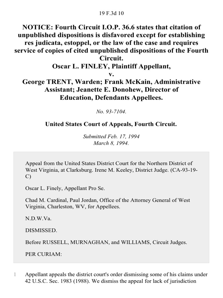 Appeal Dismissed: Finley v. Trent Case | PDF