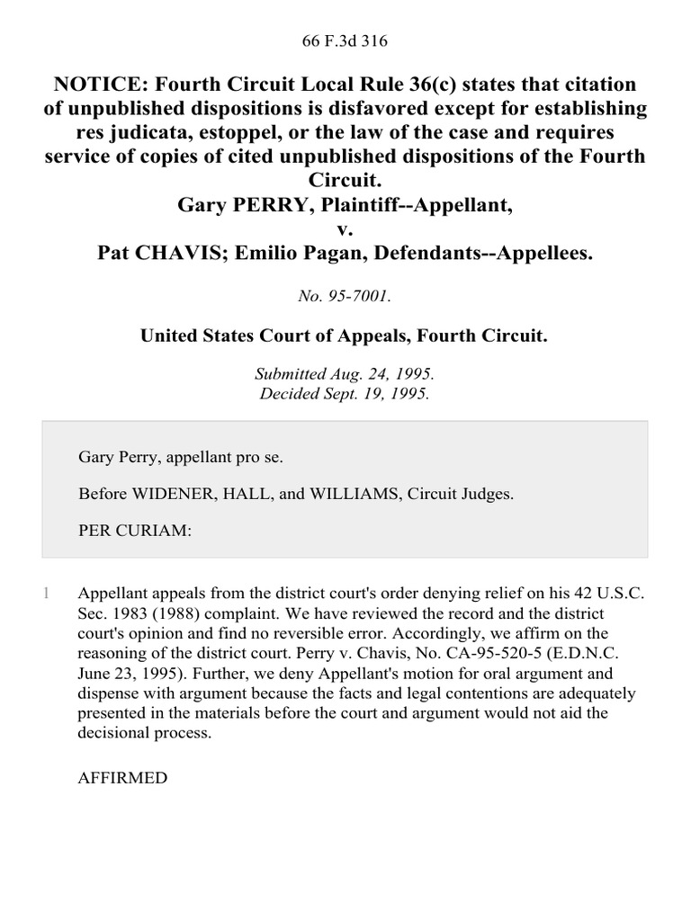 Gary Perry v. Pat Chavis Emilio Pagan, 66 F.3d 316, 4th Cir. (1995) | PDF